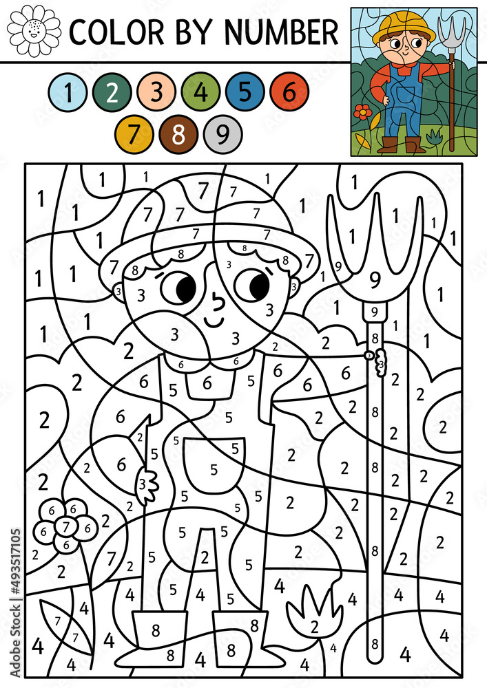 Vector on the farm color by number activity with farmer in the meadow ...