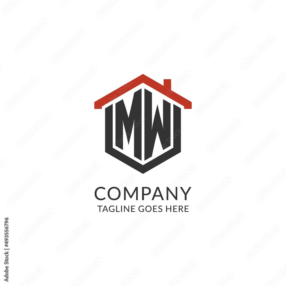Initial logo MW monogram with home roof hexagon shape design, simple and minimal real estate ...