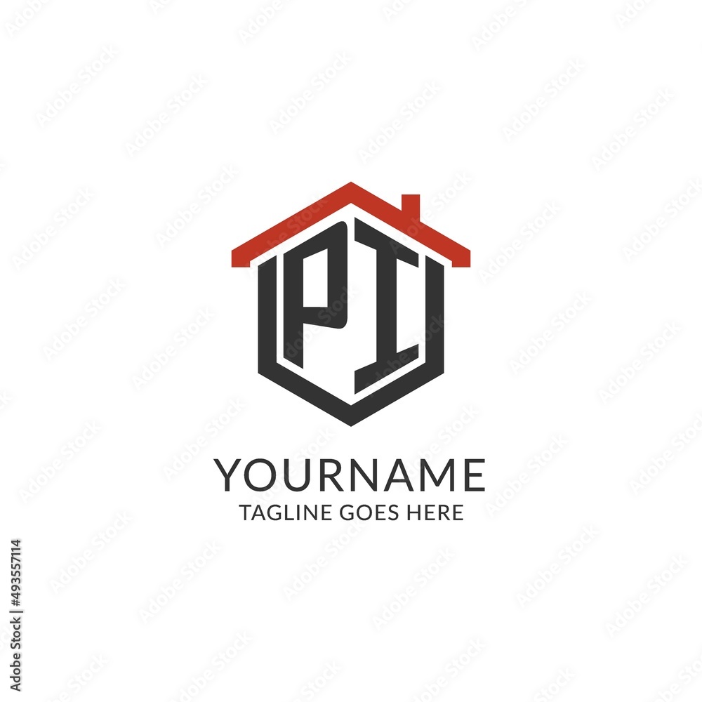 Initial logo PI monogram with home roof hexagon shape design, simple ...