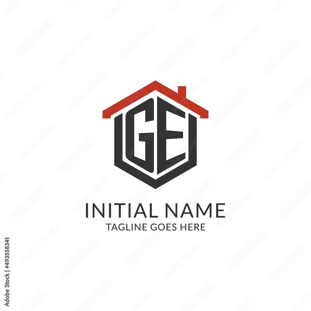 Initial logo GE monogram with home roof hexagon shape design, simple and minimal real estate ...