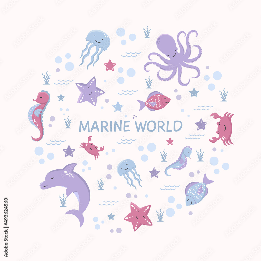 Marine world illustration. Cute sea animals. Isolated vector ...
