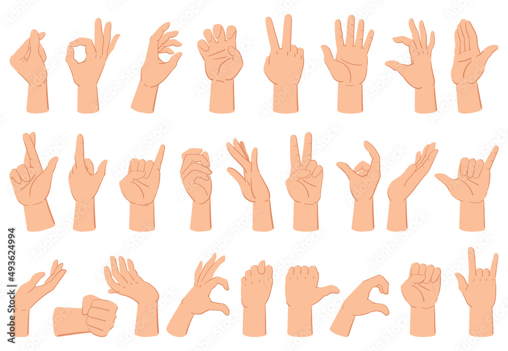 Cartoon human hand expression gestures, counting fingers and thumb up ...