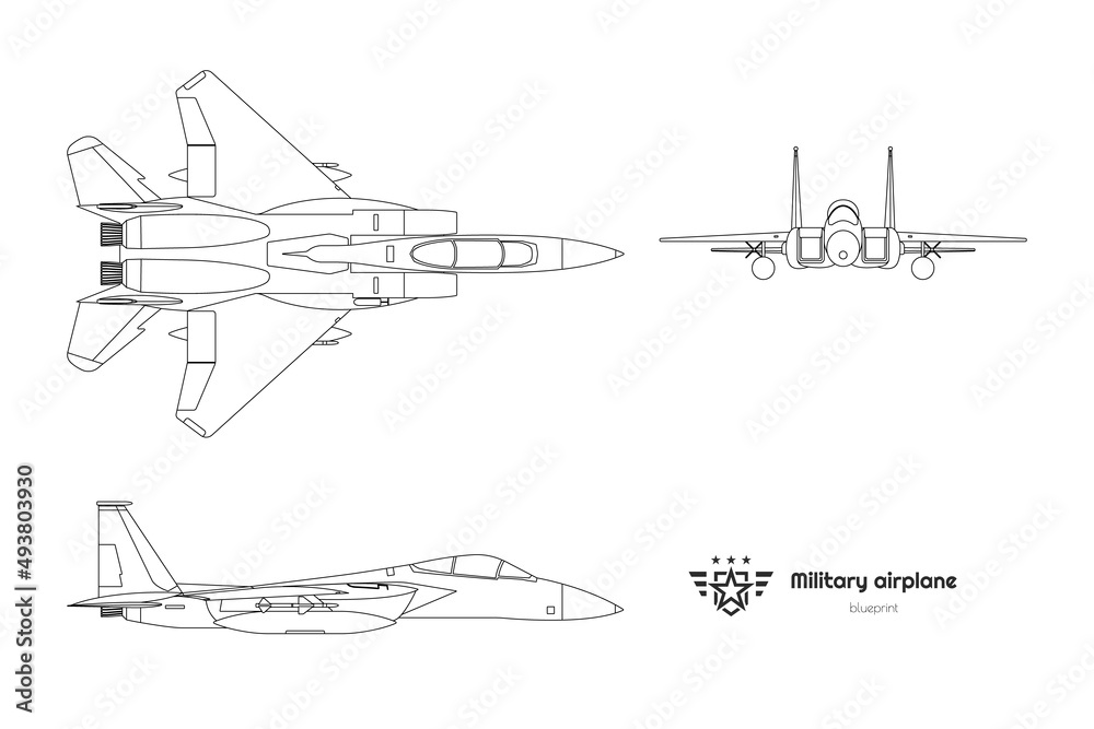 Outline military airplane blueprint. Top, side, front view of aircraft ...