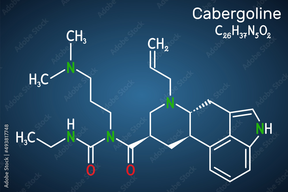 Cabergoline molecule. It is drug, ergot derivative, dopamine receptor ...