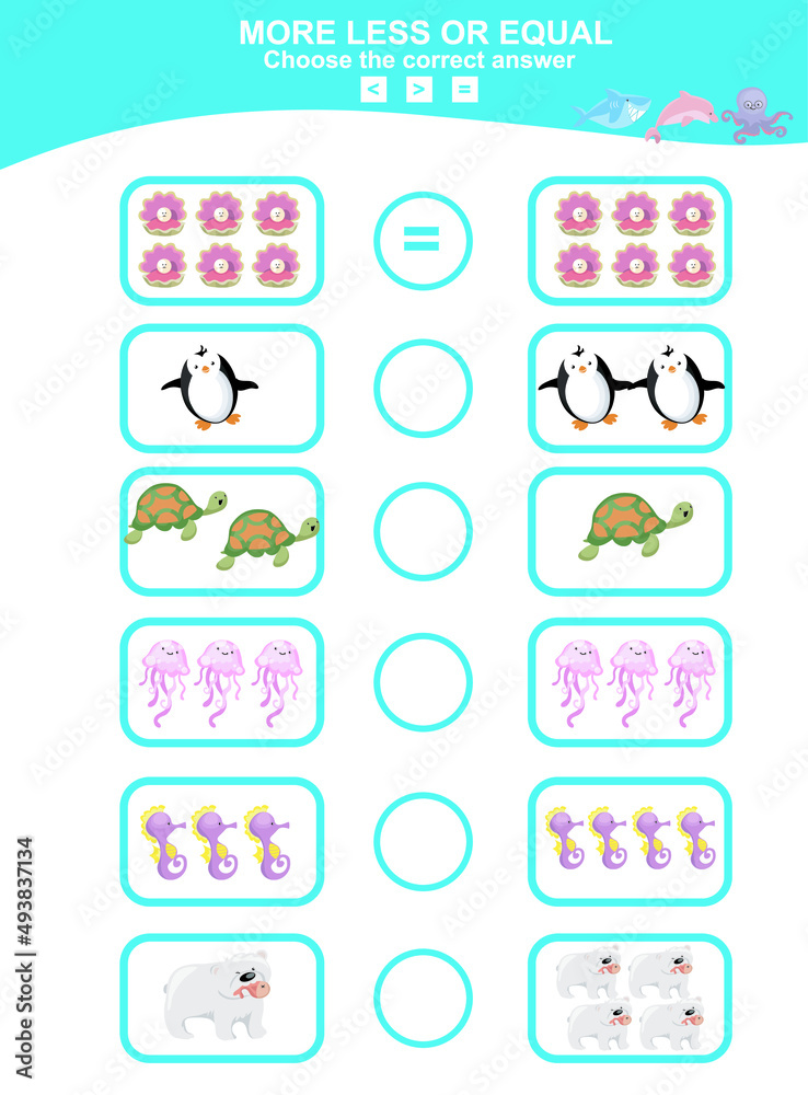 Choose more, less or equal game. Math education worksheet with animal ...