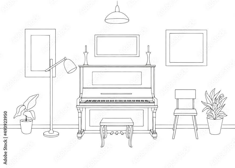 Hand drawn vector drawing of the interior of a room with a piano ...