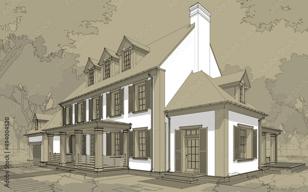 3d rendering of modern cozy classic house in colonial style with garage ...