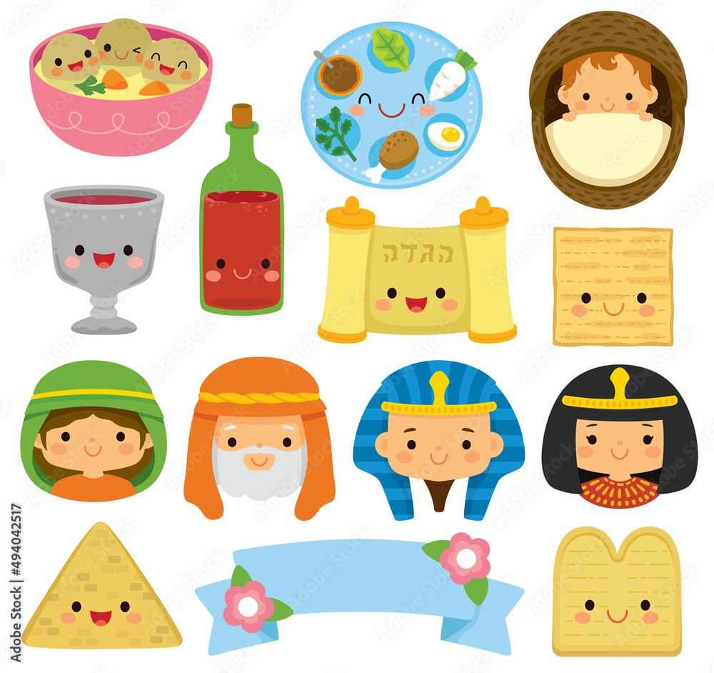 Passover cartoons with kawaii faces. Cute Passover symbols, food and ...