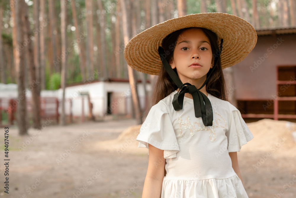 Cute dark haired preteen girl wearing light blouse and large brim straw ...