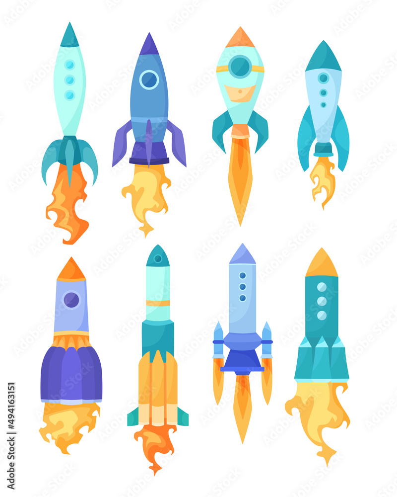Reactive rockets firing flame and fire cartoon collection set. Colorful ...