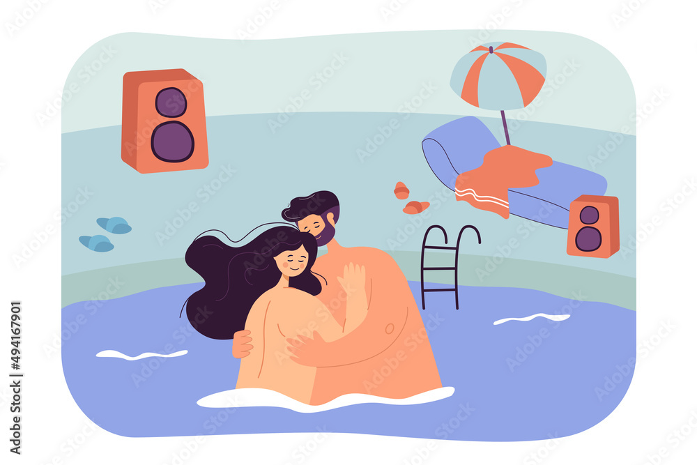 Couple hugging in swimming pool flat vector illustration. Happy naked ...