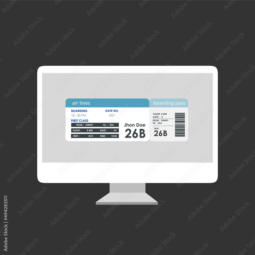 Online check-in with printed boarding pass on monitor screen isolated ...