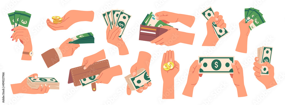 Set of Hands Holding Money, Human Palms Collection With Cash, Gold ...