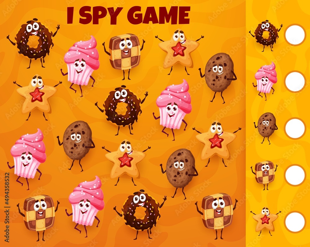 Cartoon bakery, pastry, cakes and cookies I spy game worksheet ...