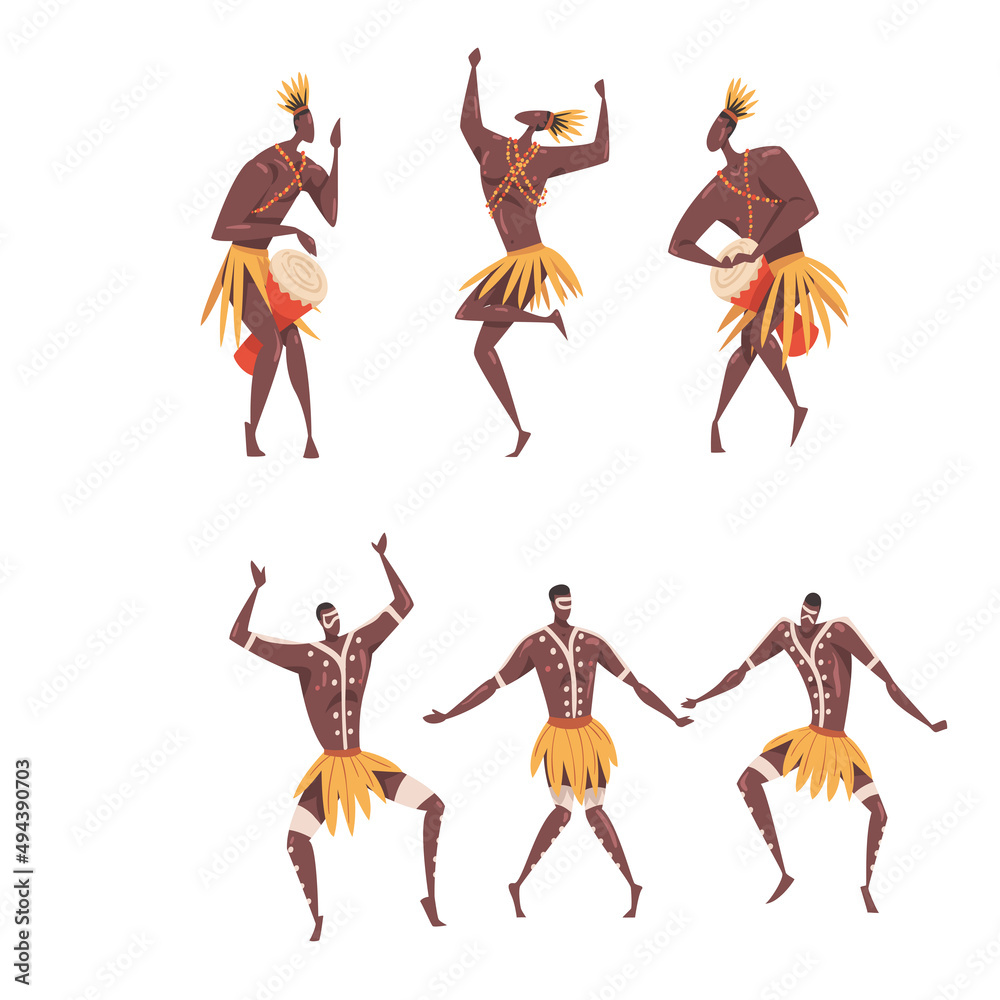 Ritual dance Set. African people dancing traditional dance wearing ...