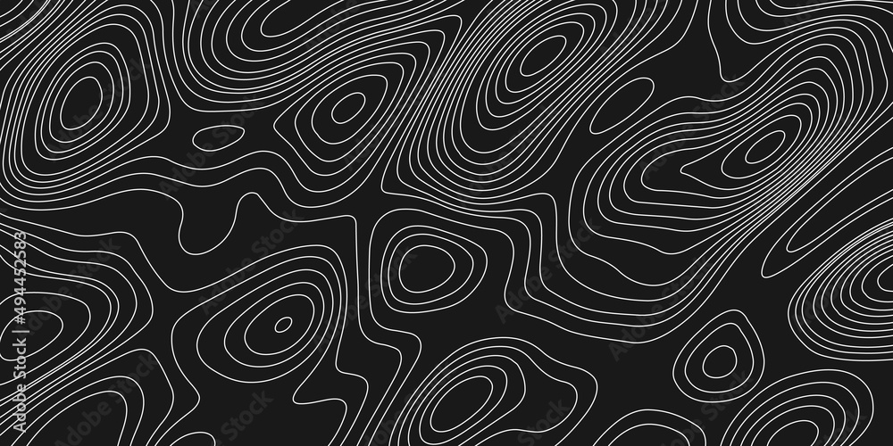 Black background of the topographic map. Topographic map white lines ...
