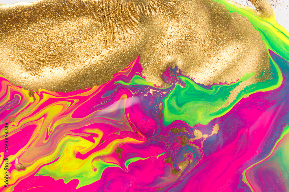 Gold dust spots on liquid fluorescent paints on white background. Stock ...