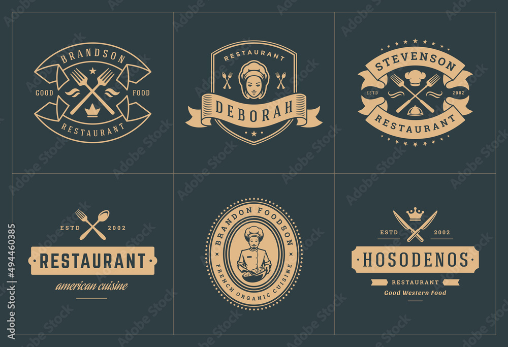 Restaurant logos templates set vector illustration good for menu labels ...