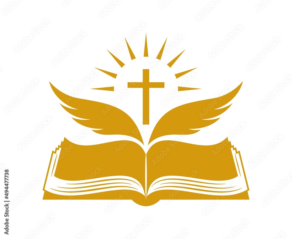 Church logo. Bible and wings symbol of the holy spirit. Flying wings on ...