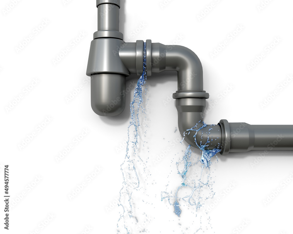 Front view on a leaking pvc pipes and elbow that drop water down in the ...