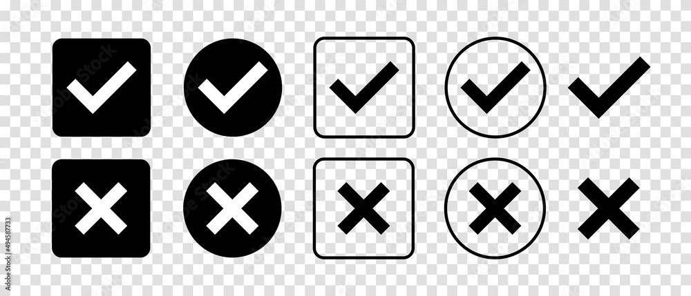 Check mark and Cross mark black icon set. Isolated tick symbols ...