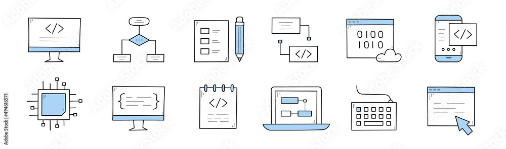 Coding And Programming Doodle Icons Set Computer With Code On Screen