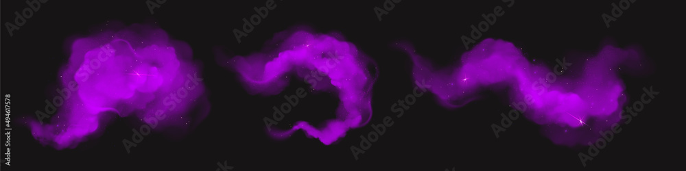 Purple powder clouds, magic dust splashes and flows. Vector realistic ...