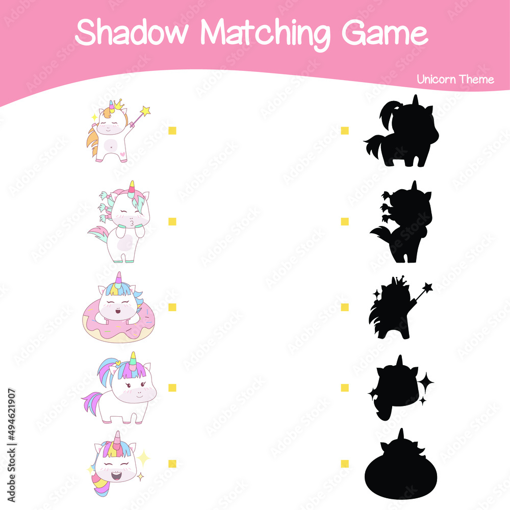 Unicorn matching shadow game for Preschool Children. Educational ...
