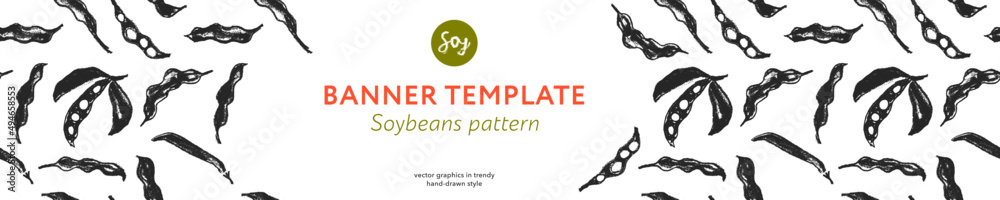 Vector label template with Soybean pattern seamless. Hand-drawn soy ...