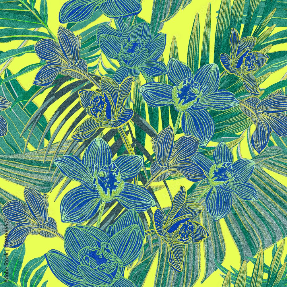 Beautiful bright orchids surrounded by lush tropical plants. Bright ...