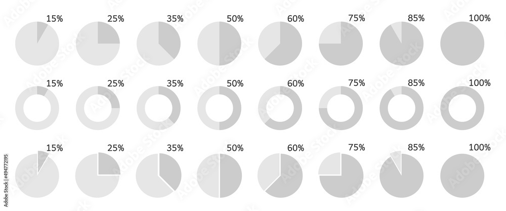 Pie chart percentage icons set. Circle graph statistic diagram. Segment ...