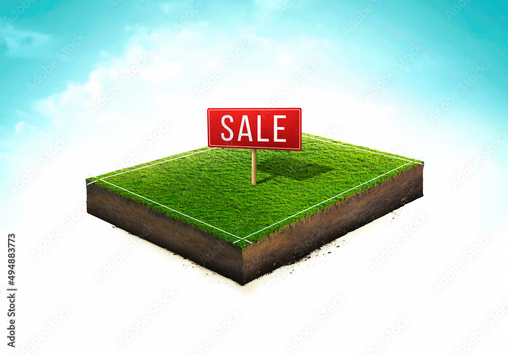 Grass and geology cross section with Land for sale sign, estate ...