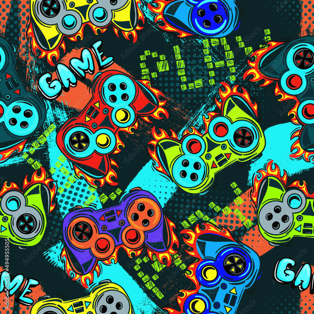 Abstract Seamless graffiti pattern with joystick. Gamer elements for ...
