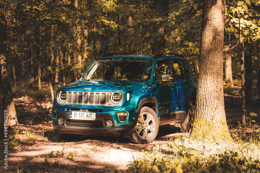 Jeep Renegade SUV 4x4 front view, grille, headlights and wheel details ...