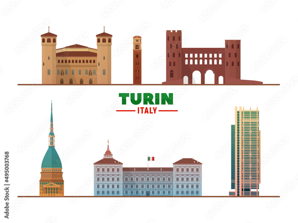 Turin, Italy famous landmarks at white background. Vector Illustration ...