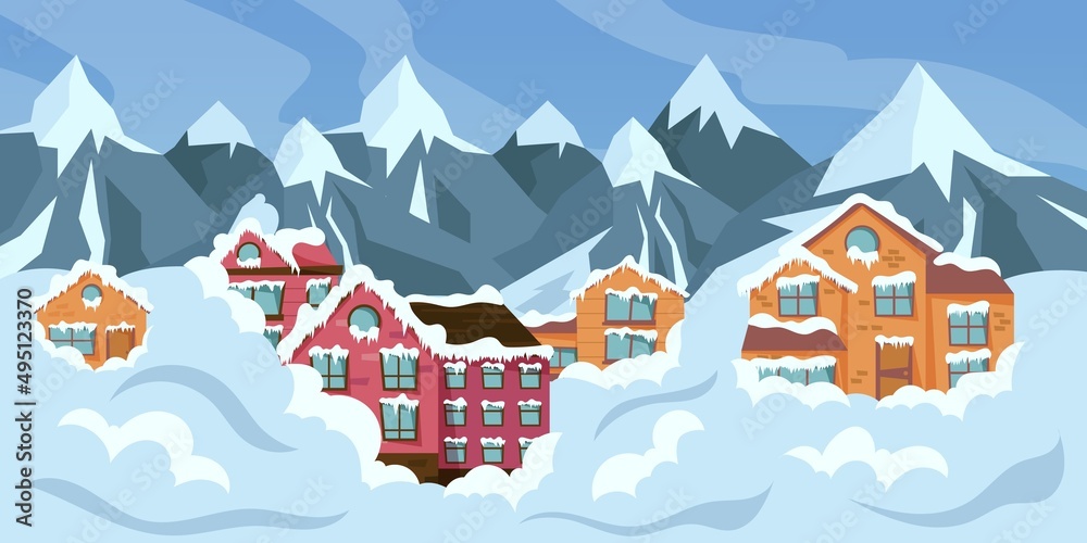 Cartoon avalanche. Snow natural disaster scene with buried houses ...