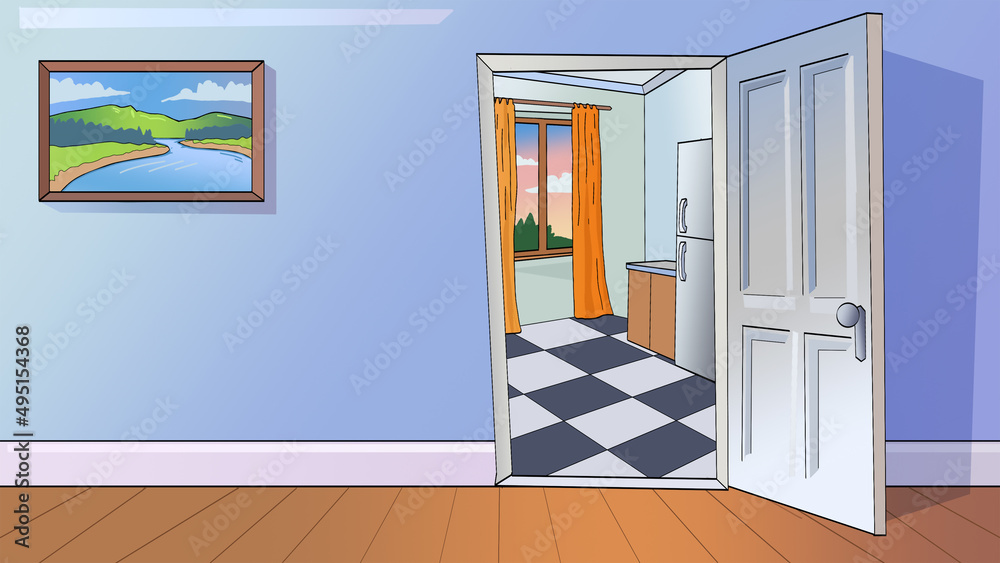 Cartoon background illustration of the kitchen and corridor. Stock ...