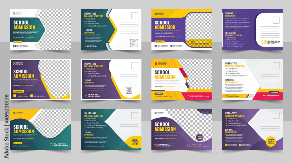 Kids back to school education admission postcard template. Modern ...