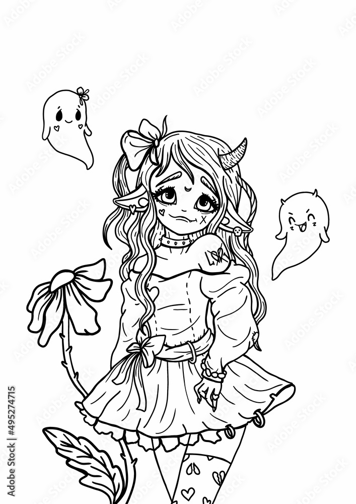 Cute cartoon character, a naughty girl vampire with long hair, in a ...
