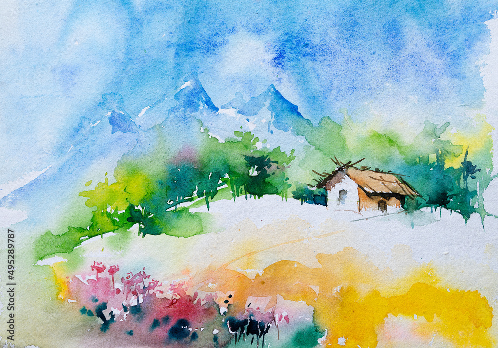 Watercolor painting of Indian village, a wooden house with green forest ...