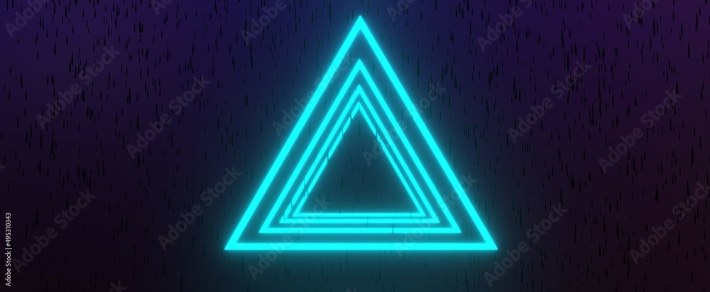 Neon glowing triangle in rain. Abstract pyramid with laser illumination ...