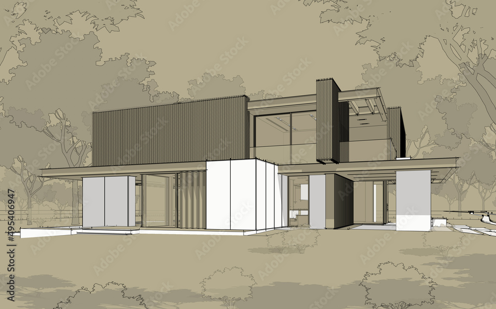 3d rendering of modern cozy house with parking and pool for sale or ...