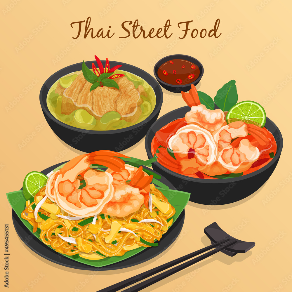 Vetor Thai street food restaurant menu illustration vector. (Tom Yum ...