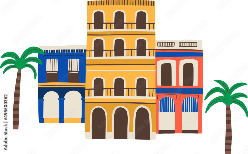 Cuban Architecture Building Cartoon Illustration Stock Vector | Adobe Stock