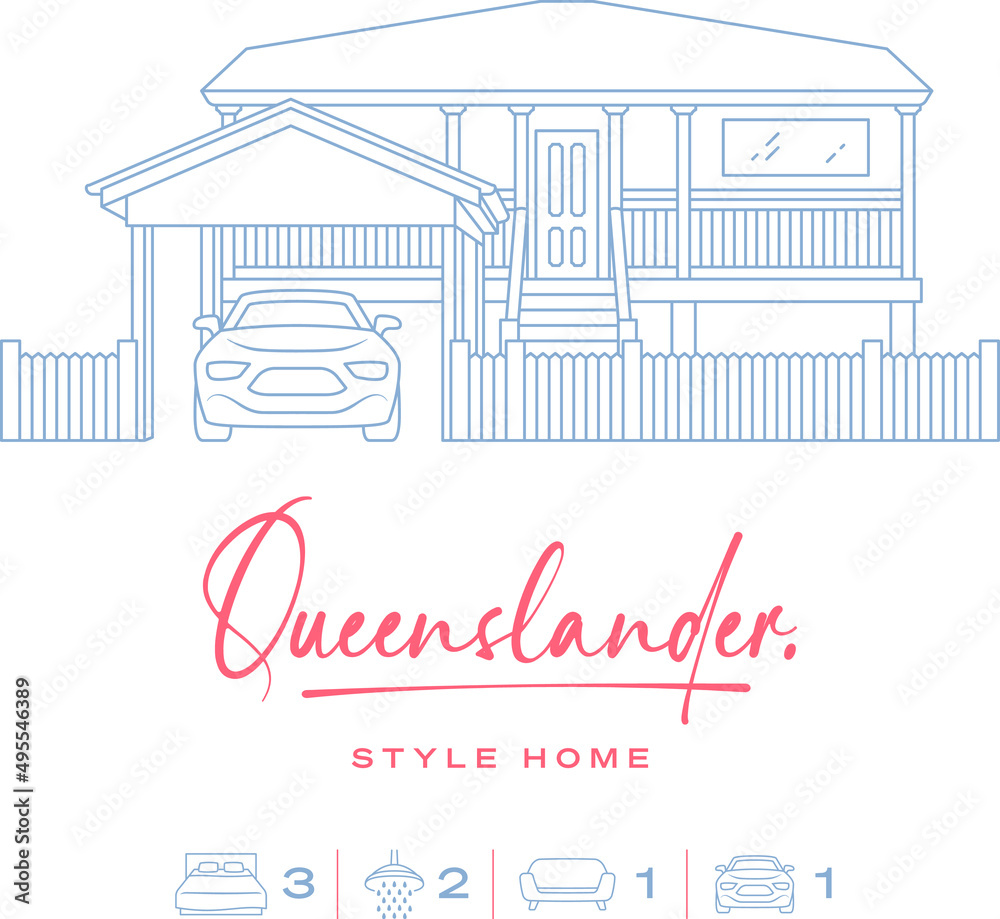 Line icon of an Australian Queenslander style home with a hand written ...