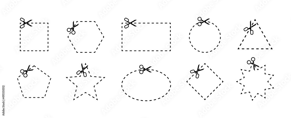Cut lines on square coupon with scissor on border. Shape with dashed ...