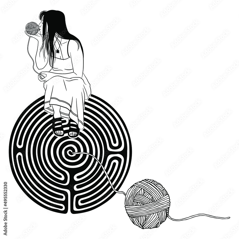 Pretty woman sitting on top of a round spiral maze or labyrinth symbol ...