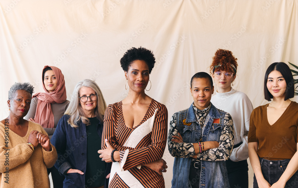 International Women's Day portrait of confident multiethnic mixed age ...