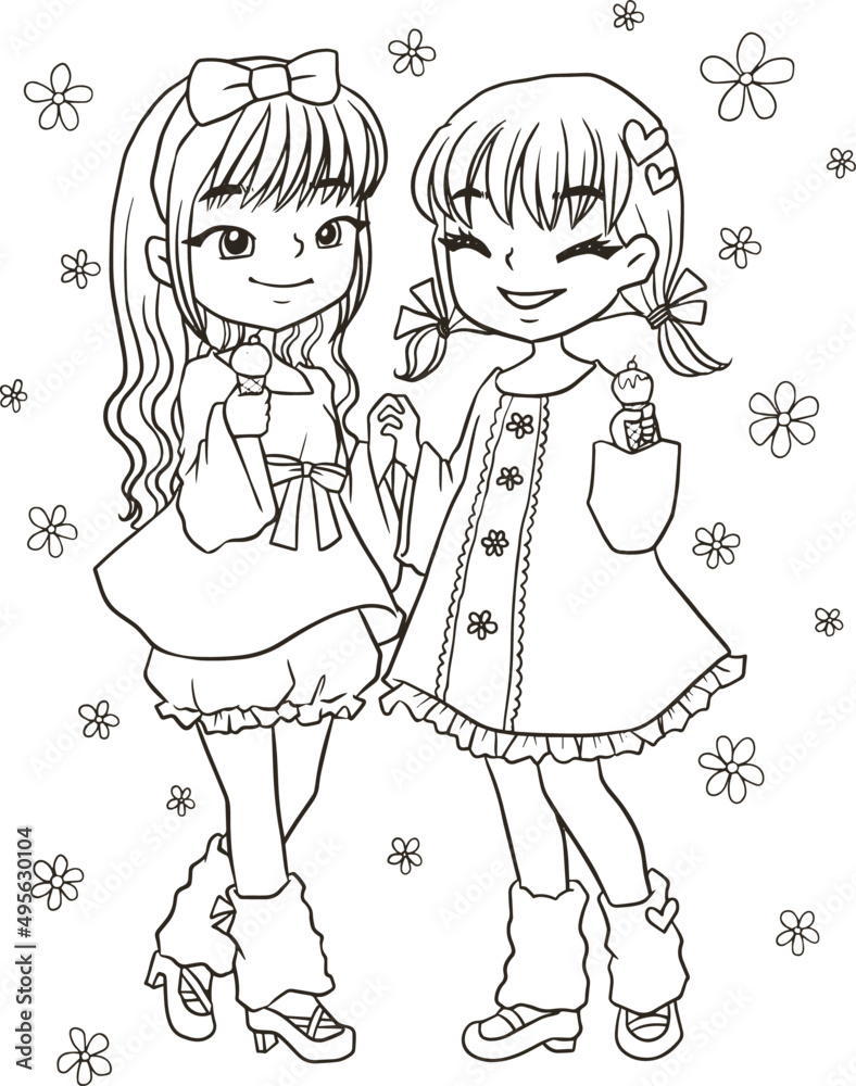 coloring page cartoon kawaii manga illustration clipart kid drawing ...