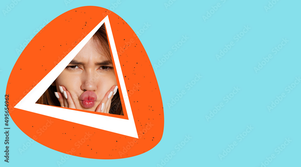 Colorful design. Close-up female face with cute and funny expression ...